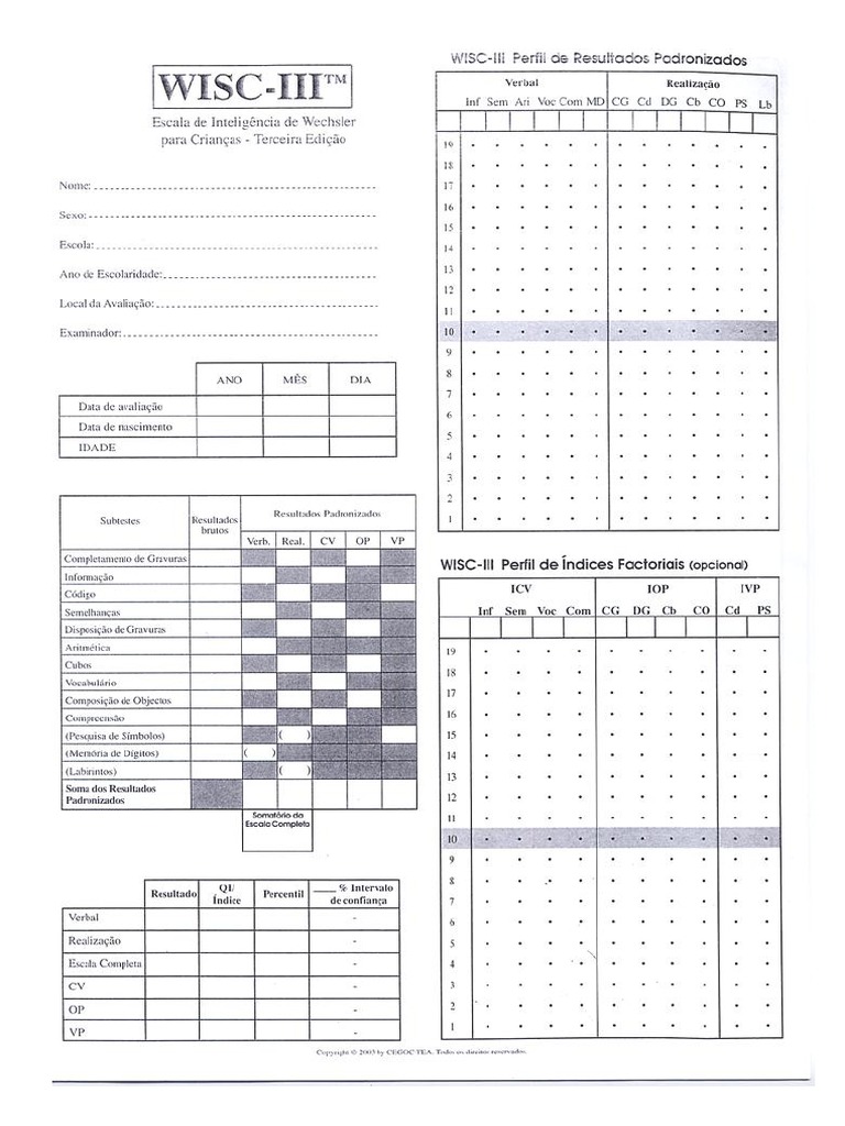 Wisc-III - Folha de Resposta