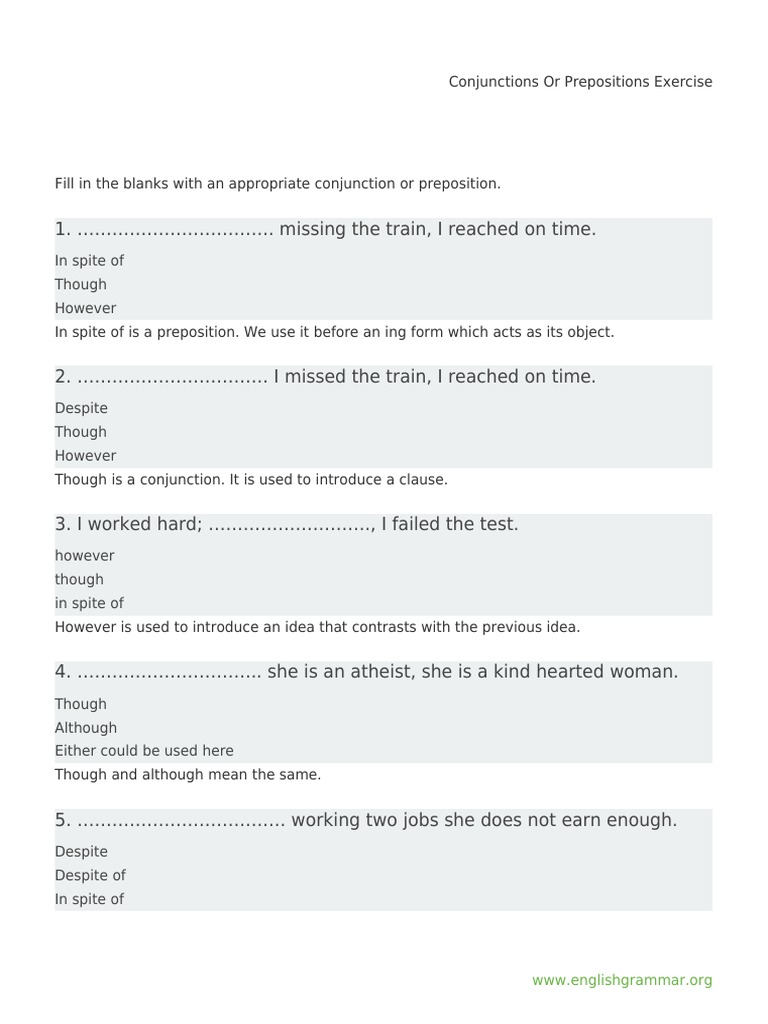 Conjunctions and Prepositions Exercise | PDF | Preposition And ...