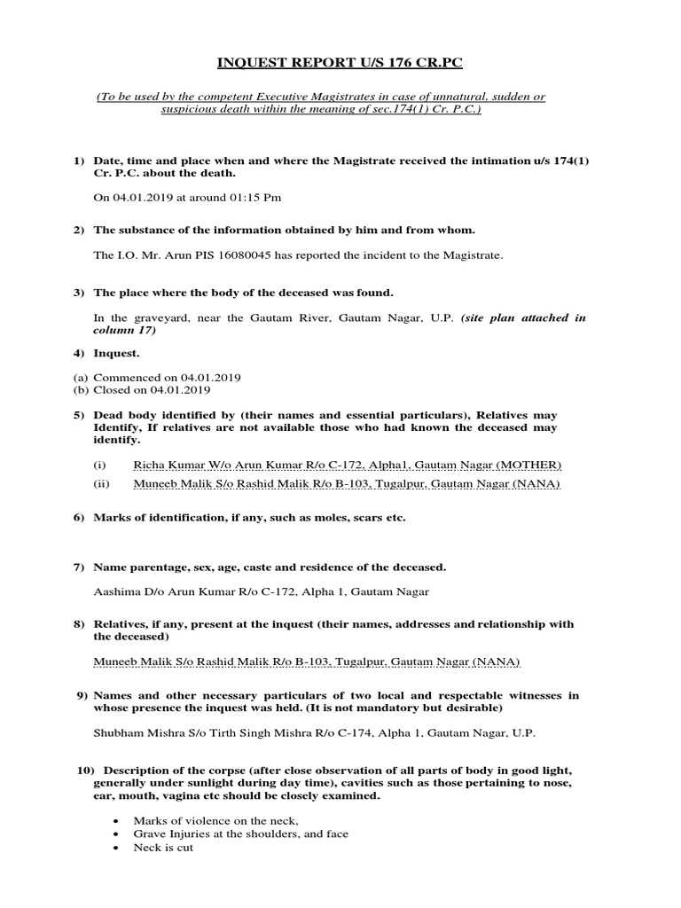 Inquest Report U/S 176 CR - PC | PDF | Violence
