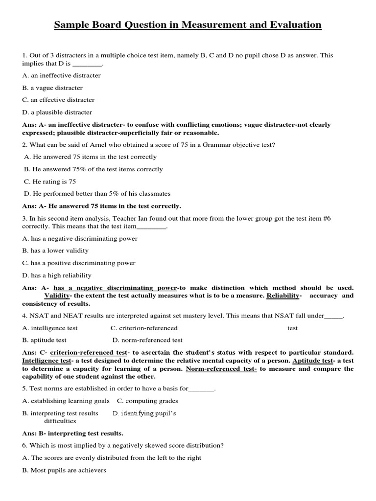 Sample Board Question in Measurement and Evaluation | PDF | Educational ...