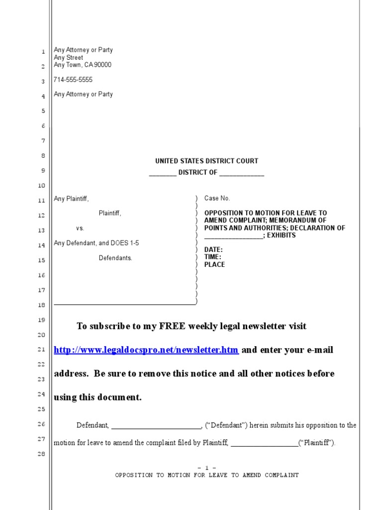 Sample Opposition To Motion For Leave To Amend in United States ...
