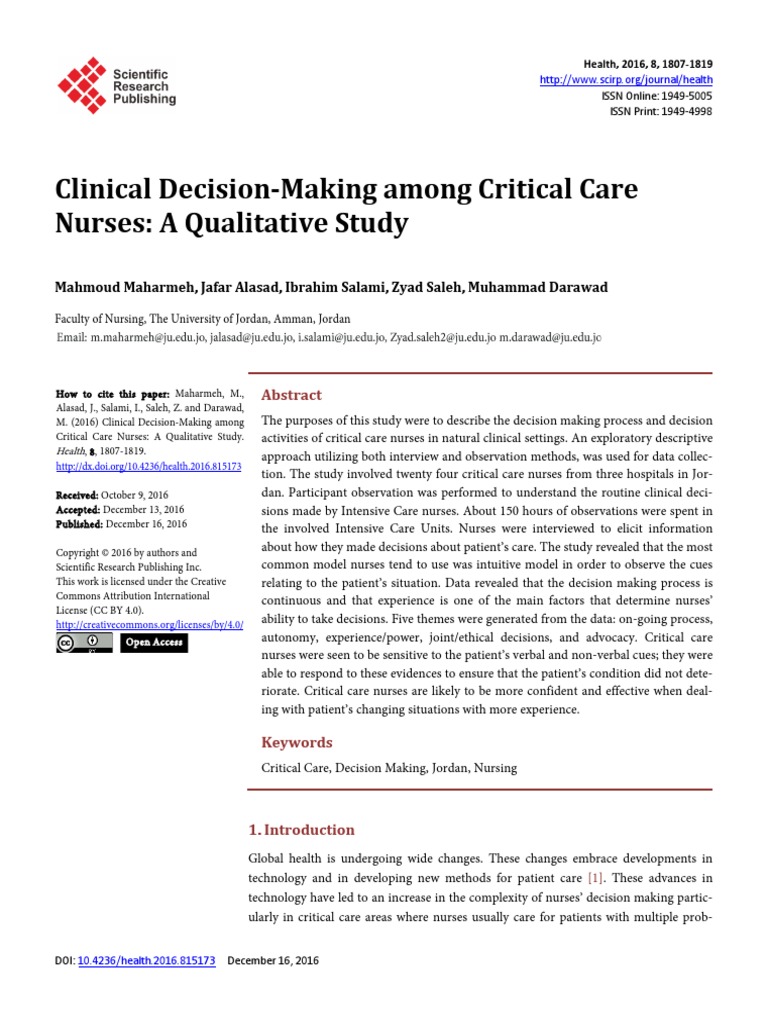 Clinical Decision-Making Among Critical Care Nurses: A Qualitative ...
