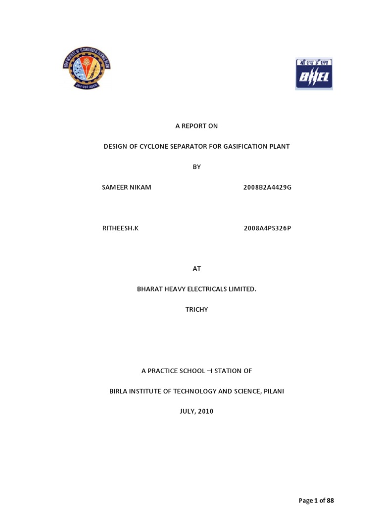 Design of a Cyclone Separator for a Gasification Plant: A Report on the ...