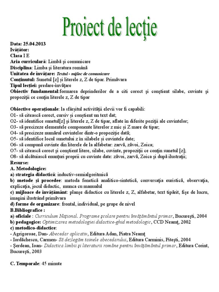 Proiect Litera Z Prima Ora | PDF