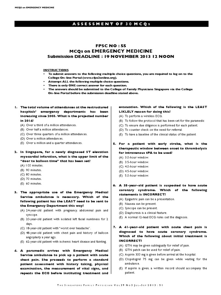 Emergency Medicine MCQ Assessment | PDF | Cardiopulmonary Resuscitation ...