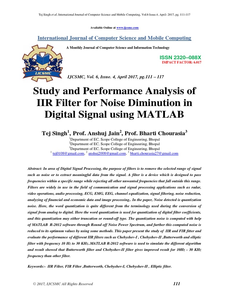 Study and Performance Analysis of IIR Filter For Noise Diminution in Digital Signal Using MATLAB ...