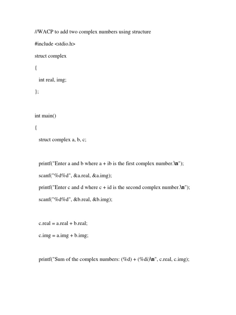 Wacp To Add Two Complex Numbers Using Structure Pdf