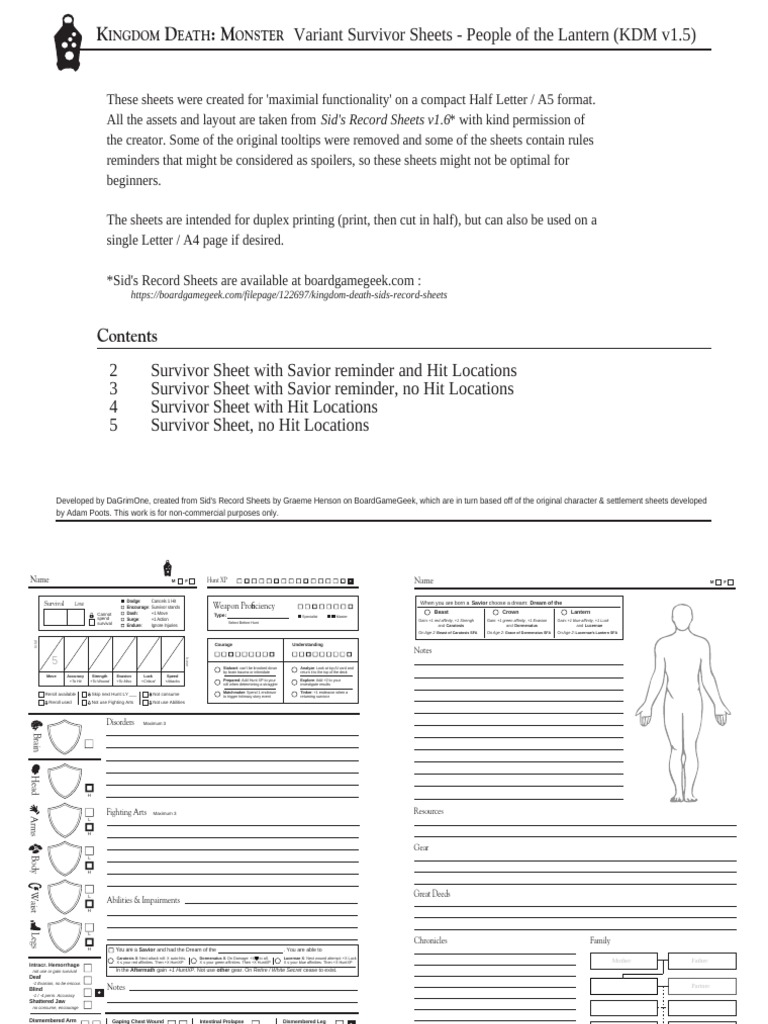 KDM Variant Survivor Sheets HalfLetter v1.1 PDF | PDF | Musculoskeletal ...