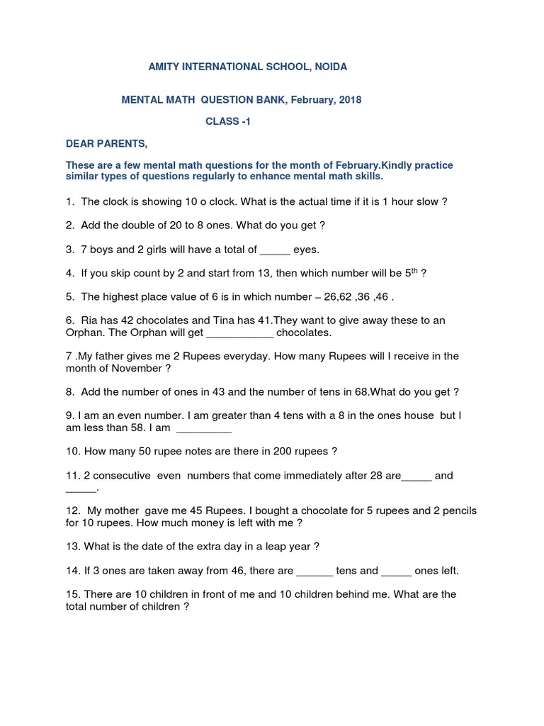 Amity International Clss 1 Mental Maths Feb | PDF
