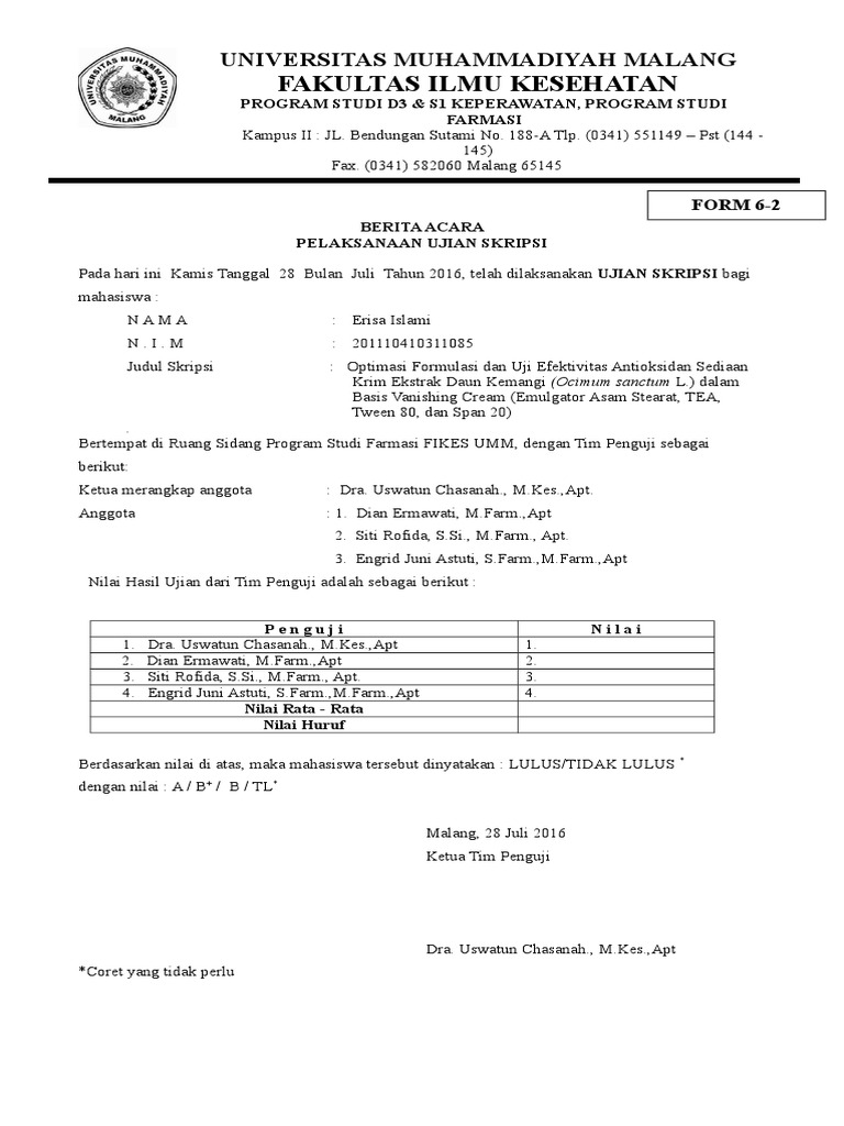 Form 6 - 2 - Berita Acara Pelaksanaan Ujian Skripsi - Erma | PDF