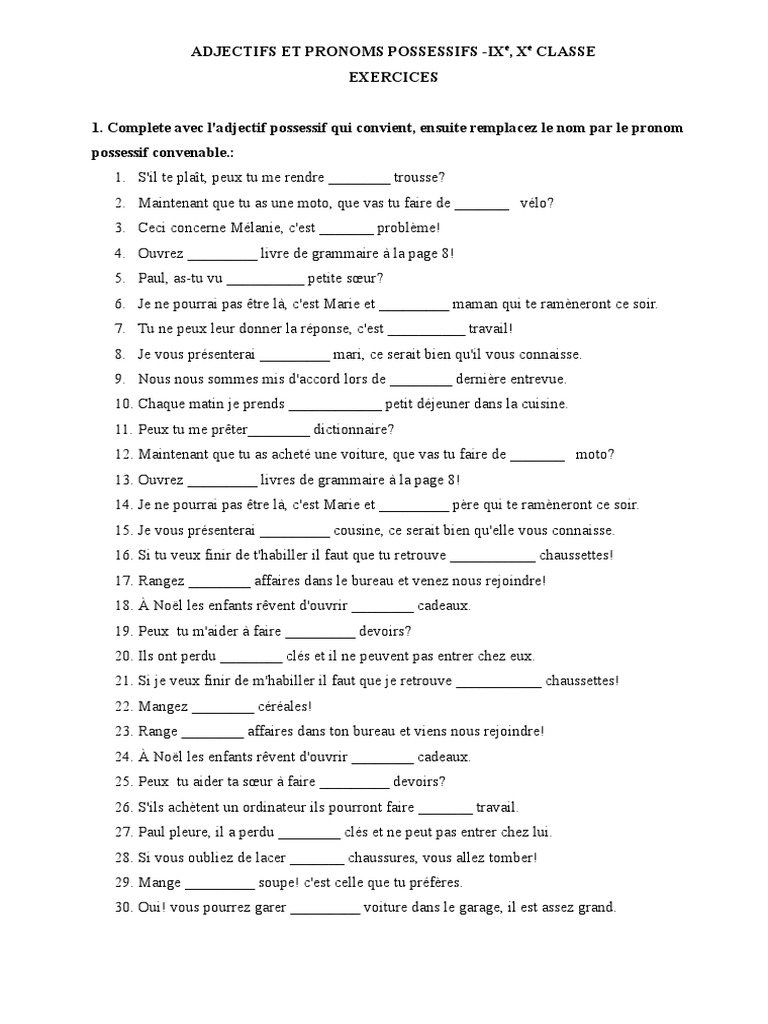 Exercices sur les pronoms possessifs | PDF | Arts du langage et ...