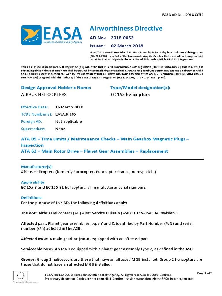 Airworthiness Directive: Design Approval Holder's Name: Type/Model ...