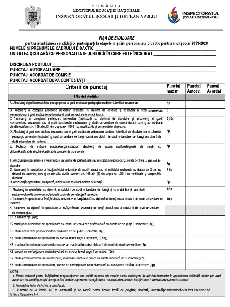 Fisa de Evaluare Miscare 2019 2020 | PDF