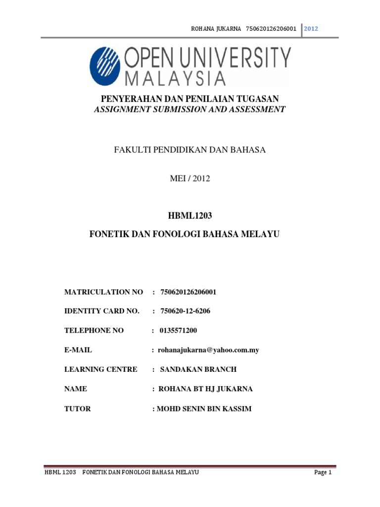 Assignment Hbml1203 Fonetik Dan Fonologi Bahasa Melayu | PDF
