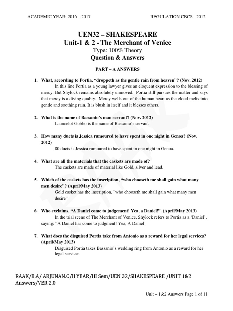 Uen32 - Shakespeare Unit-1 & 2 - The Merchant of Venice: Question ...