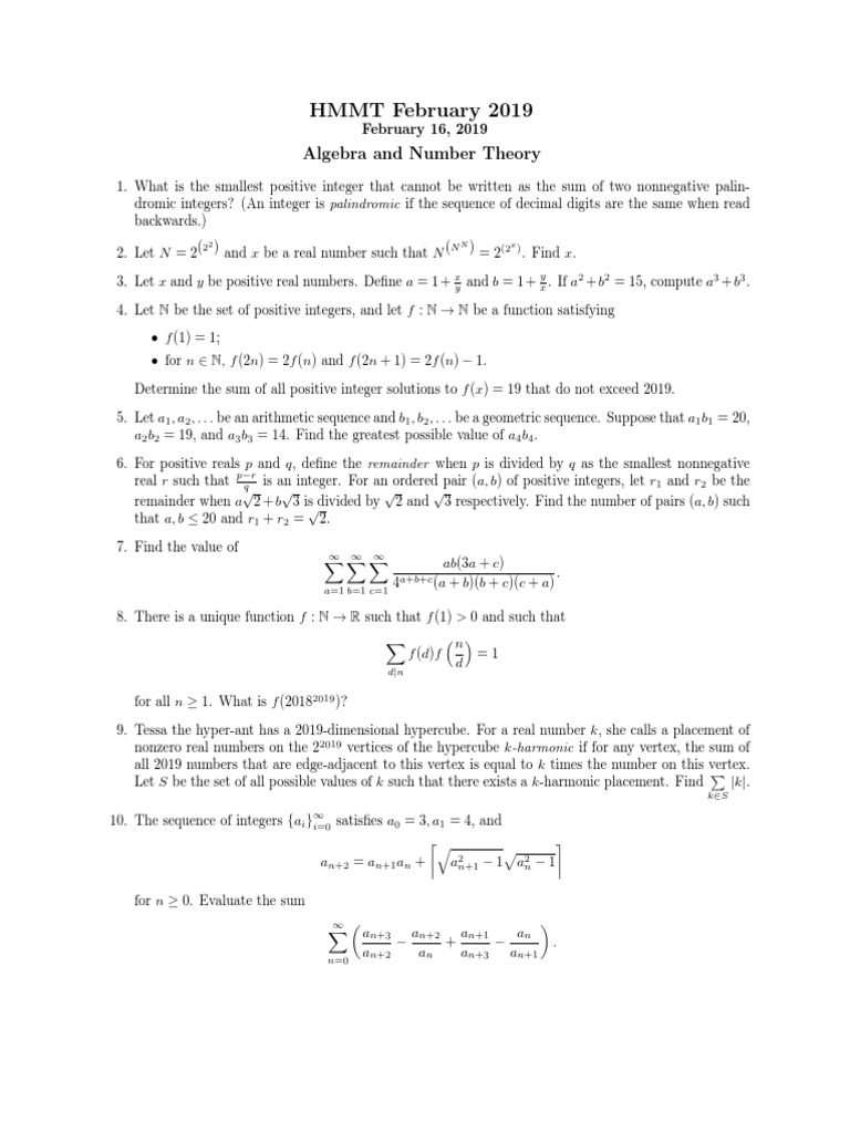 HMMTFebruary 2019 Algebraand Number Theory Test | PDF | Integer | Numbers