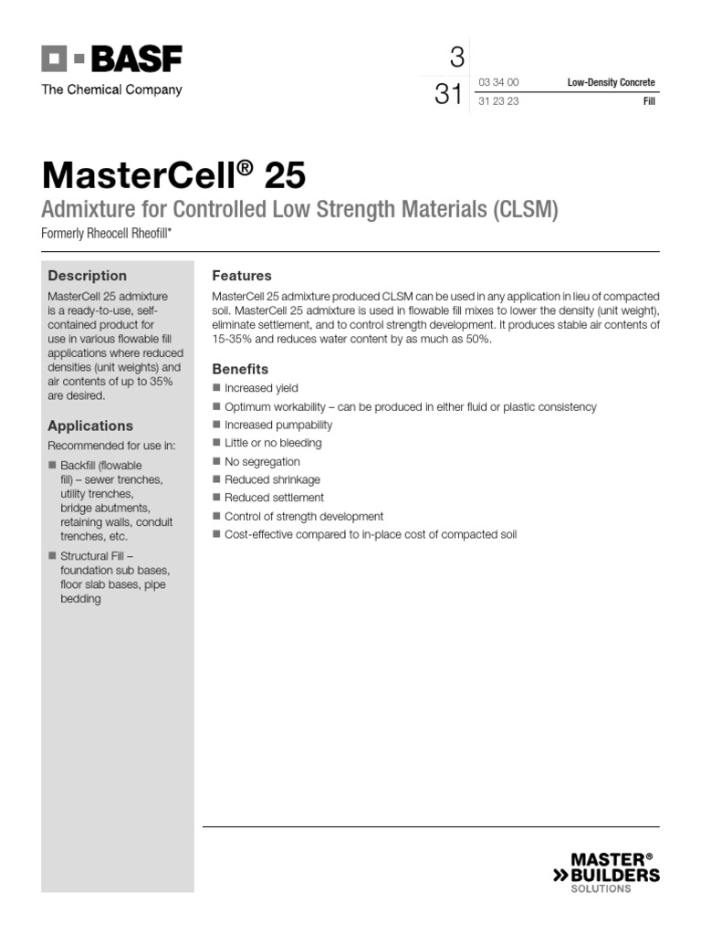 Mastercell 25: Admixture For Controlled Low Strength Materials (CLSM ...