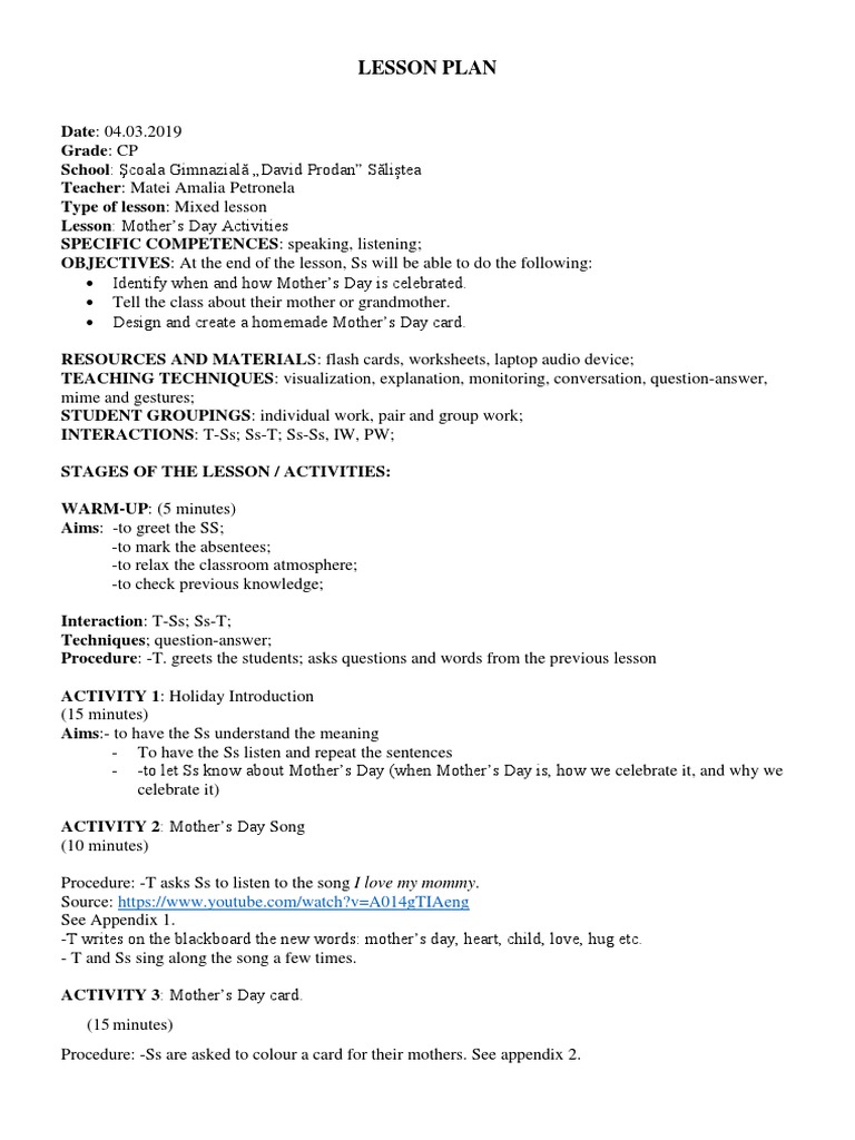 LESSON PLAN - Clasa Pregtitoare - Mother's Day | PDF | Lesson Plan ...