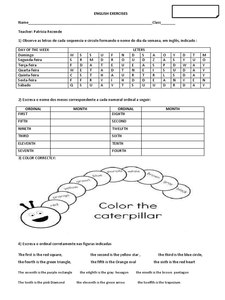 English Vocabulary: Colors, Ordinal Numbers, Days of The Week | PDF ...