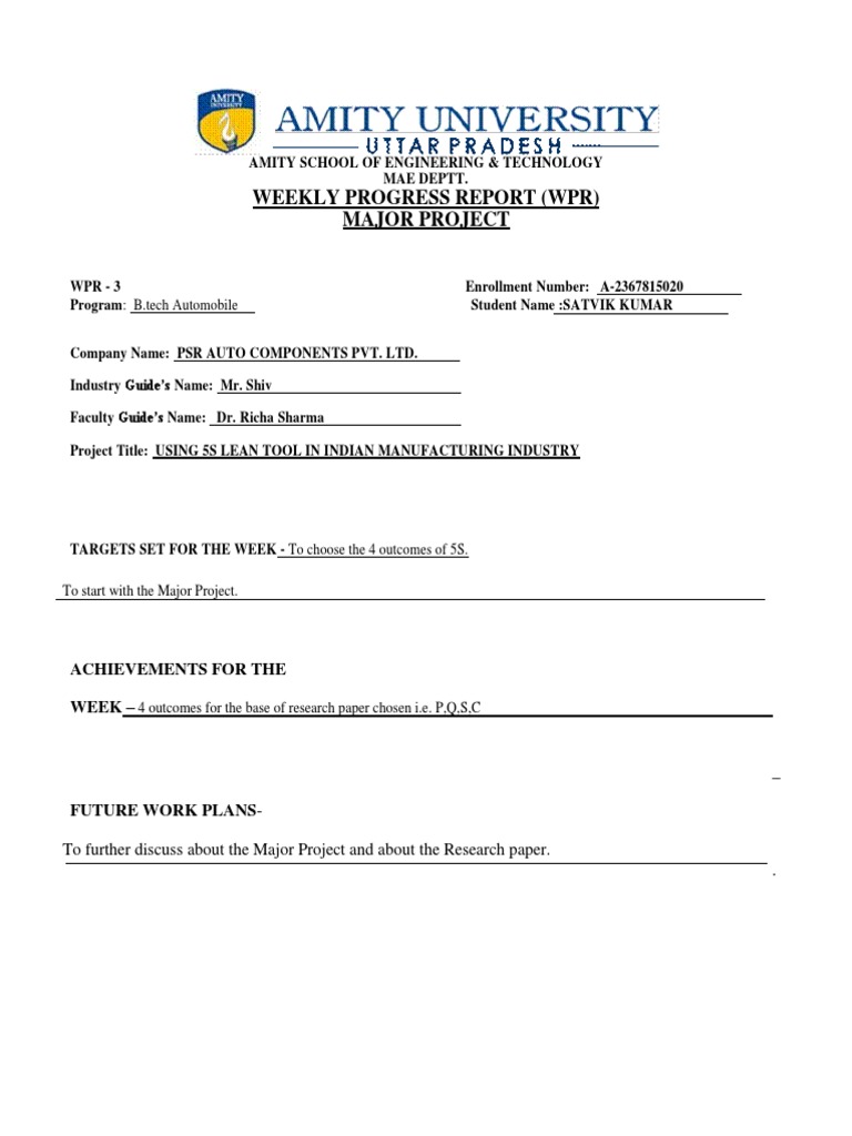 Weekly Progress Report (WPR) Major Project: Achievements For The Week | PDF