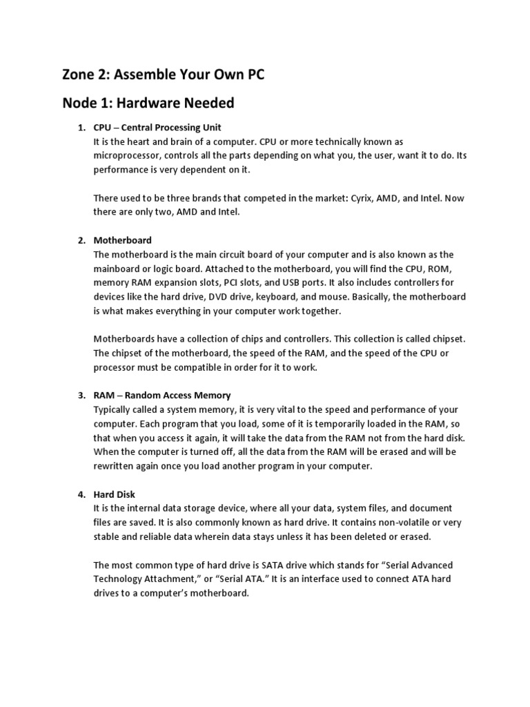 Zone 2: Assemble Your Own PC Node 1: Hardware Needed: 1. CPU - Central Processing Unit | PDF ...