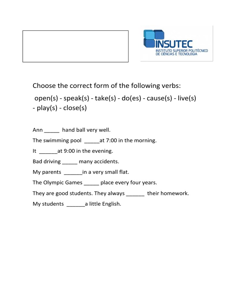 Choose The Correct Form of The Following Verbs | PDF