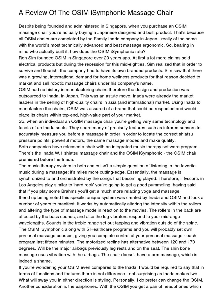 A Review of The OSIM Isymphonic Massage Chair | PDF | Massage | Headphones