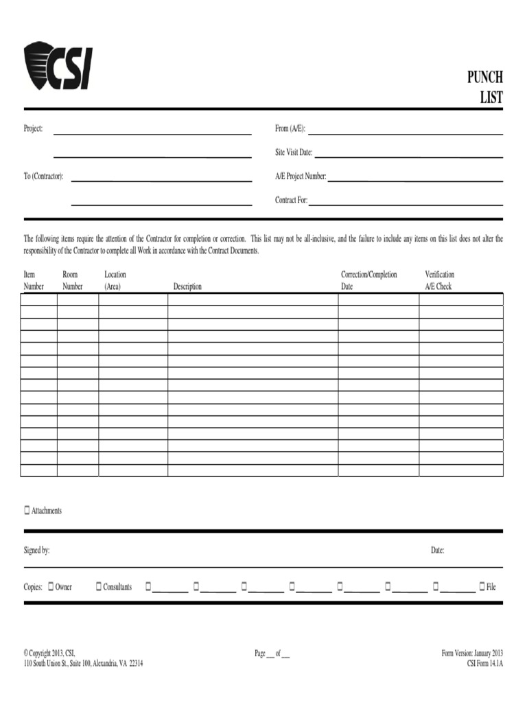 CSI Form 14-1A - Punch List | PDF