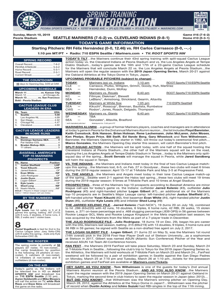 03.10.19 ST Game Notes (Vs. CLE) | PDF | Major League Baseball Teams ...