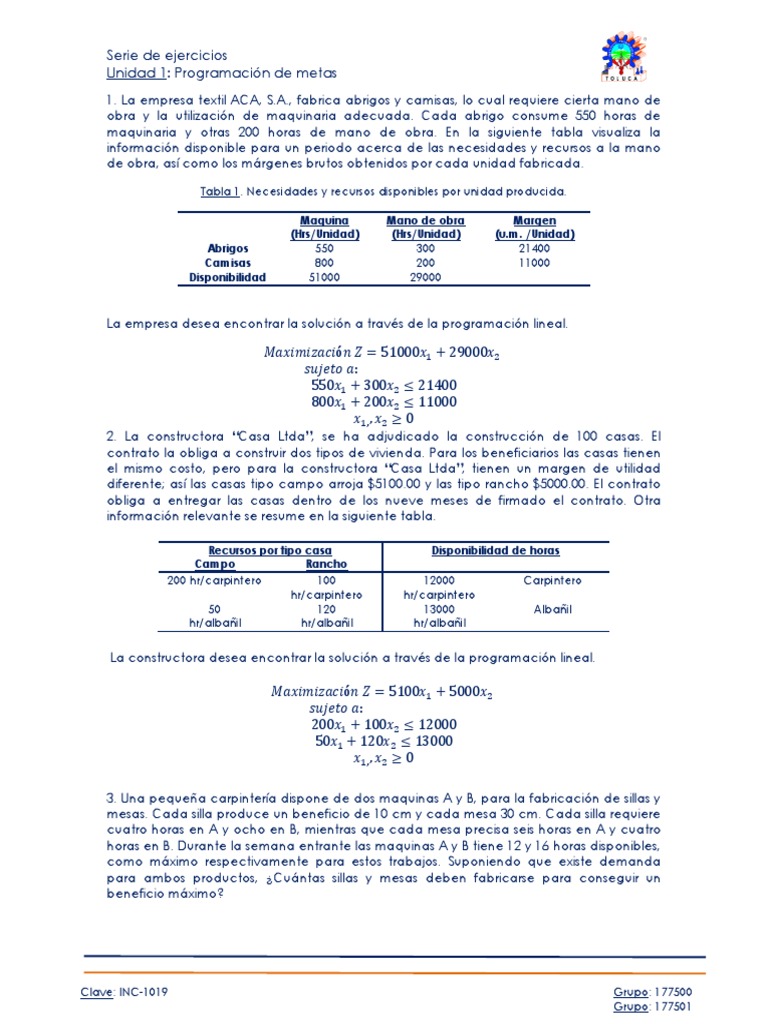 Serie de Ejercicios IO2 (Unidad 1) | PDF | Programación lineal