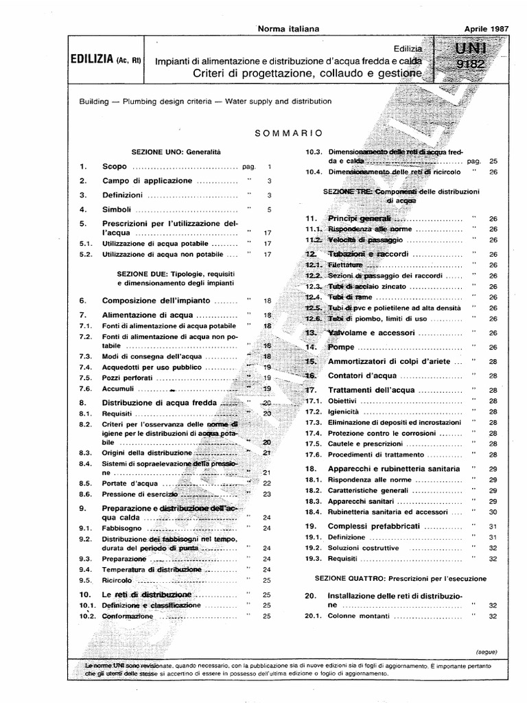 UNI 9182 (1987) e FA1 (1993) Impianti Distribuzione Acqua Fredda e ...