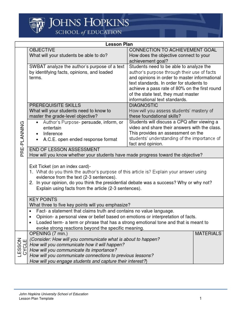Lesson Plan: John Hopkins University School of Education | PDF | Lesson ...