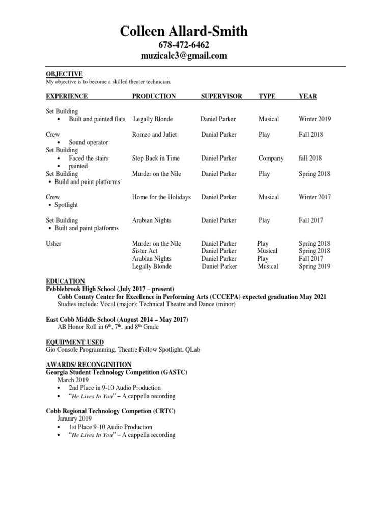 Colleen Tech Resume | PDF | Entertainment | Performing Arts