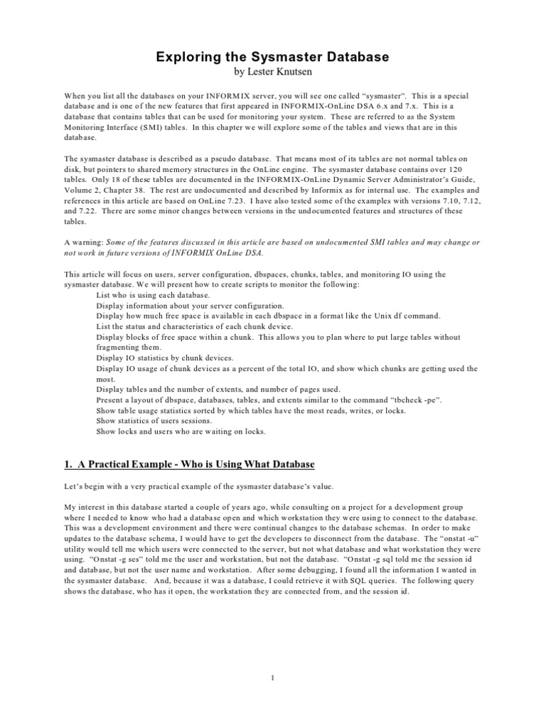 Exploring The Sysmaster Database: by Lester Knutsen | PDF | Databases | Database Index