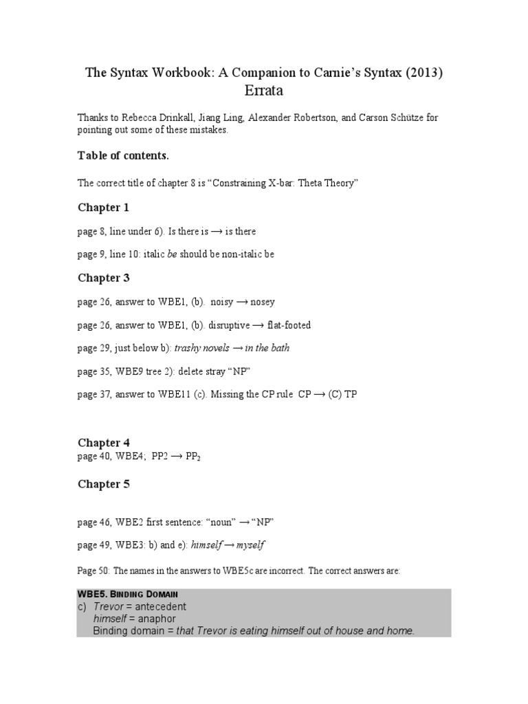 Errata: The Syntax Workbook: A Companion To Carnie's Syntax (2013 ...