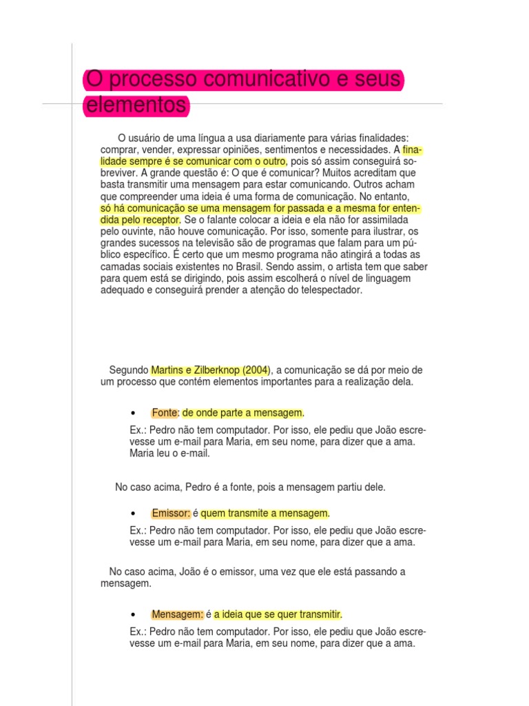 O Processo Comunicativo e Seus Elementos | PDF | Palavra | Comunicação
