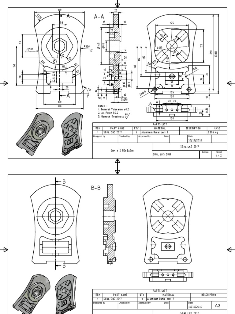 Engineering drawing with dimensions and tolerances for a CNC machined ...