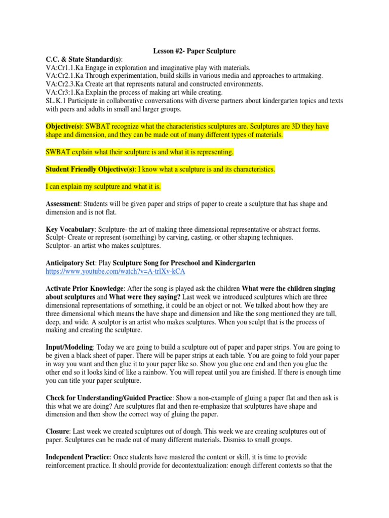 Paper Sculpture Lesson Plan Portfolio | PDF | Sculpture ...