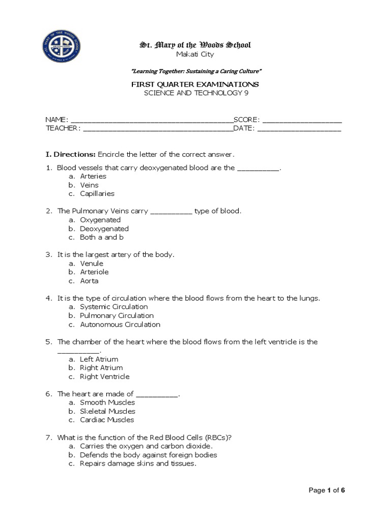 G9 Exam 1 | PDF | Circulatory System | Vein