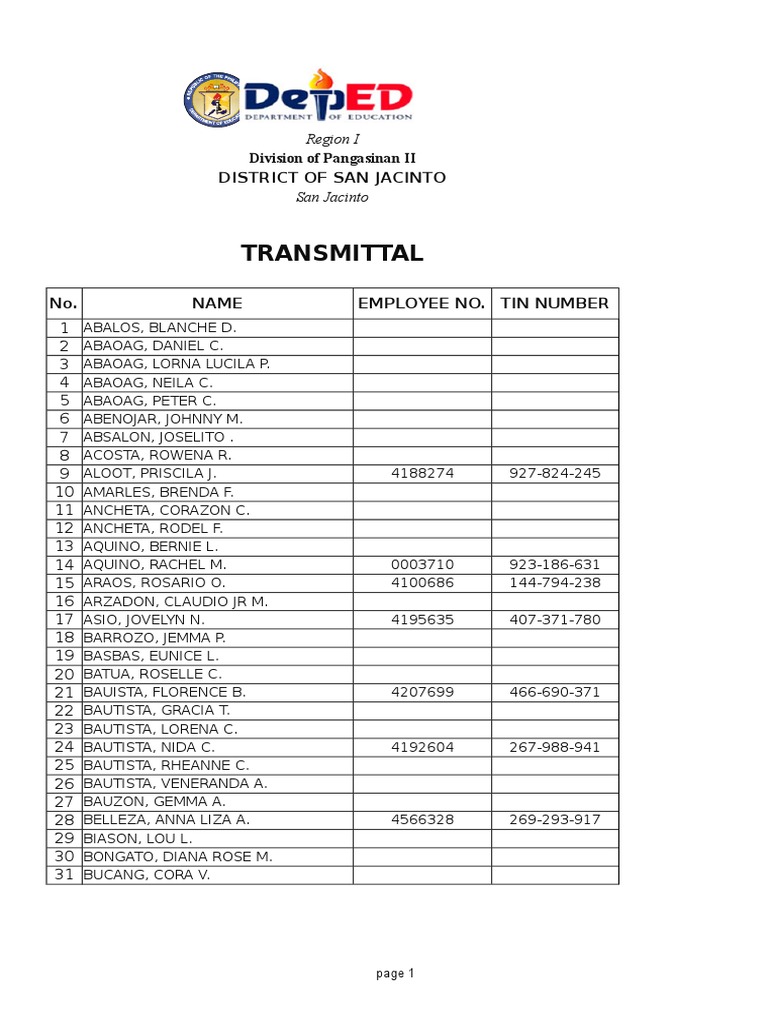 Region I Employee Transmittal List | PDF