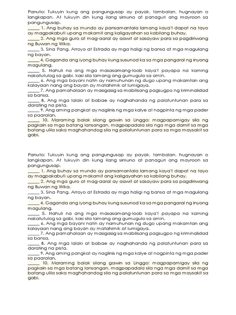 Quiz Sa Kayarian NG Pangungusap | PDF