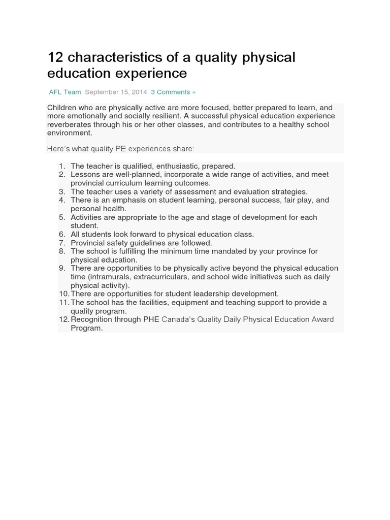 12 Characteristics of A Quality Physical Education Experience | PDF ...