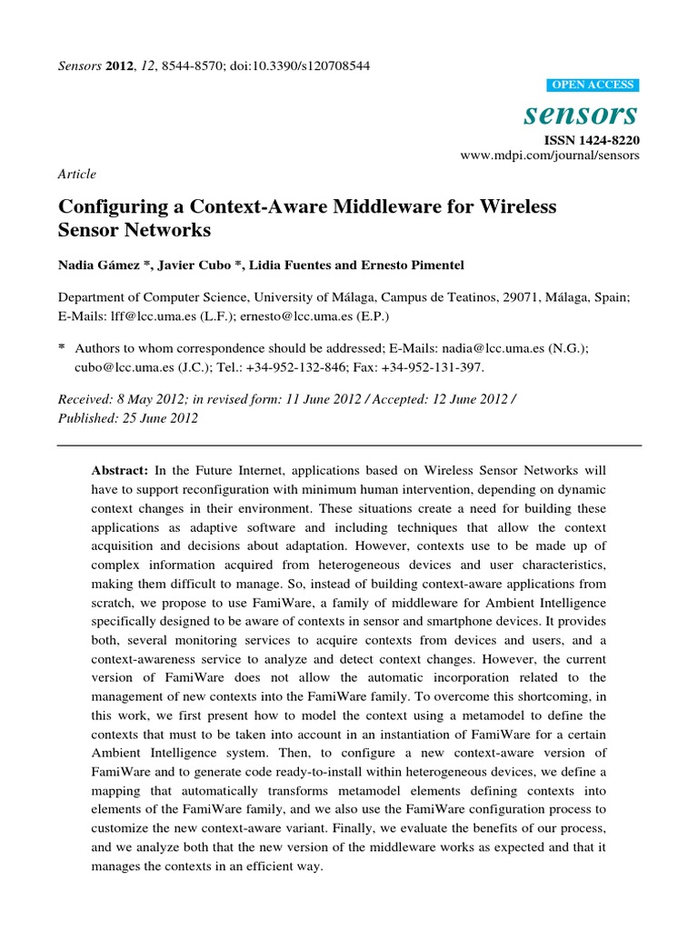 Sensors: Configuring A Context-Aware Middleware For Wireless Sensor Networks | PDF | Wireless ...