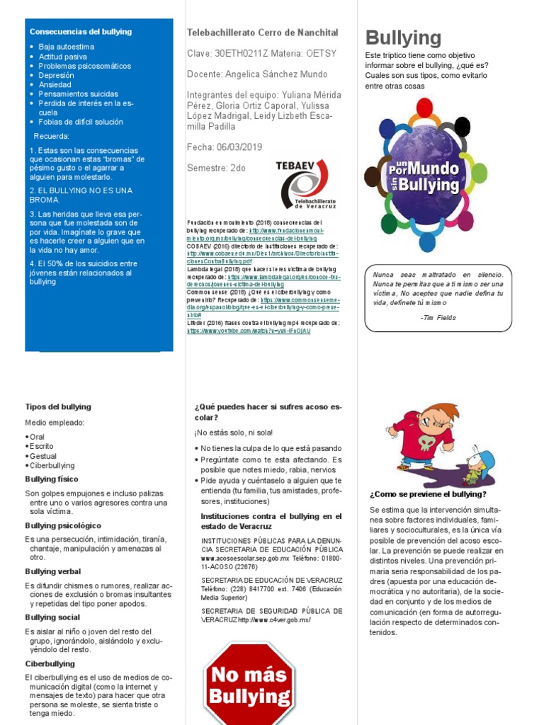Triptico Del Bullying Con Normas Apa | PDF | Acoso cibernético | Abuso psicológico