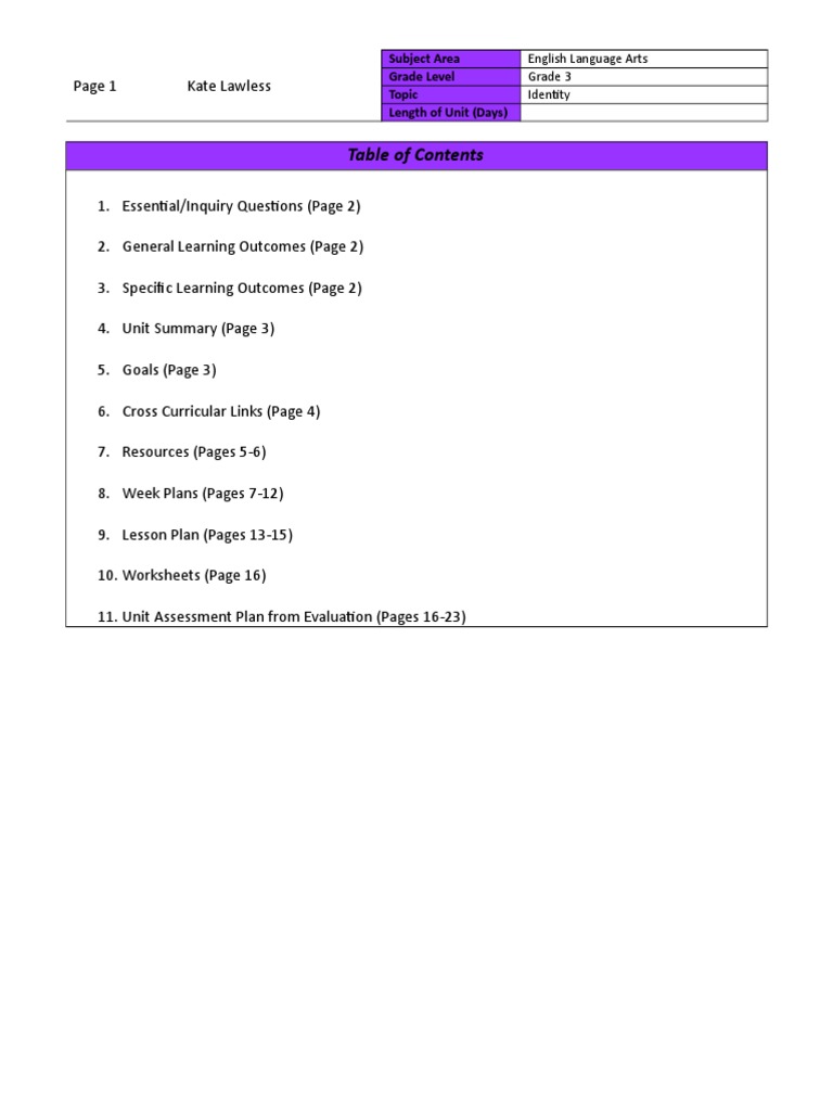 Subject Area Grade Level Topic Length of Unit (Days) : English Language ...