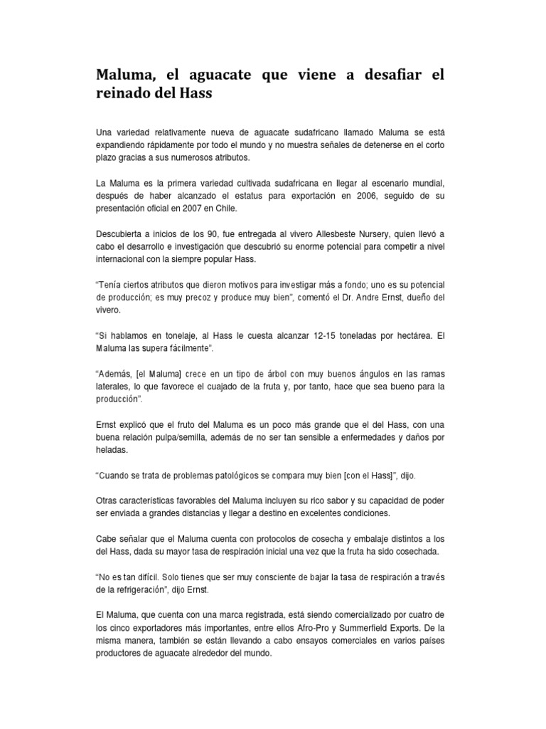 Maluma: El nuevo aguacate rival del Hass | PDF | Aguacate | Economias