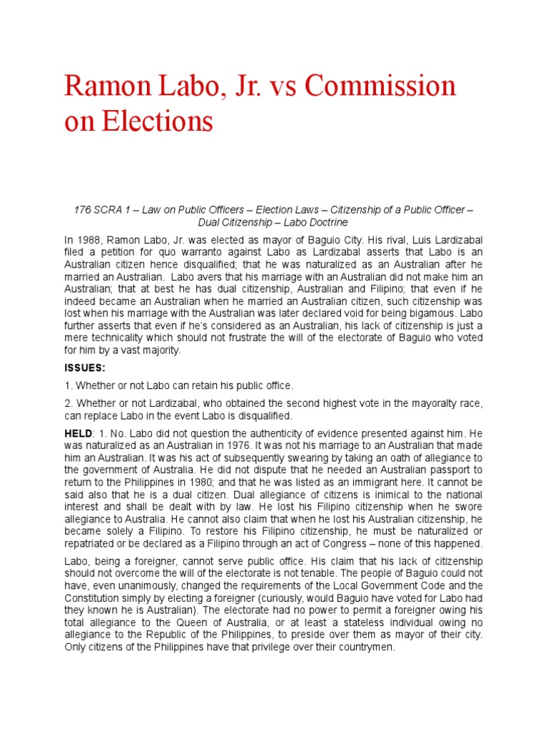 Ramon Labo, Jr. Vs Commission On Elections | PDF | Naturalization ...