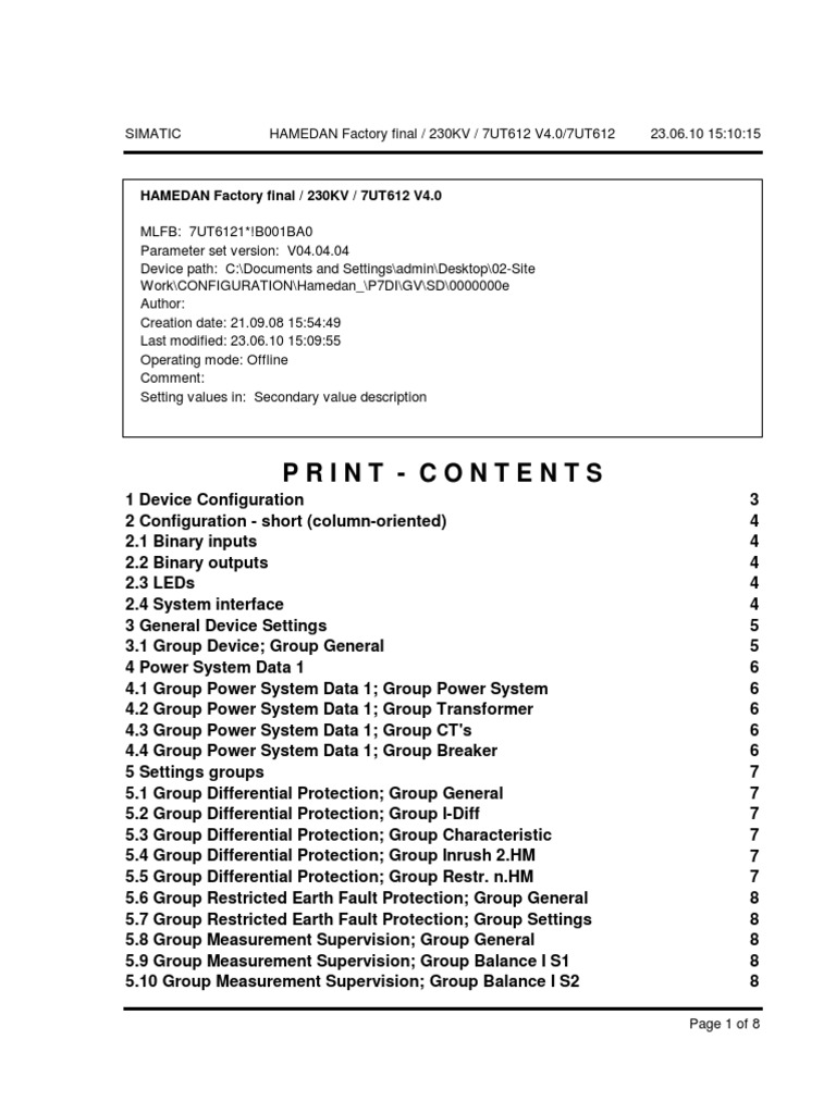 Print - Contents: HAMEDAN Factory Final / 230KV / 7UT612 V4.0 | PDF ...