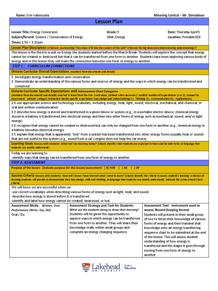 Energy Conversion Lesson Plan for Grade 5 | PDF | Educational ...