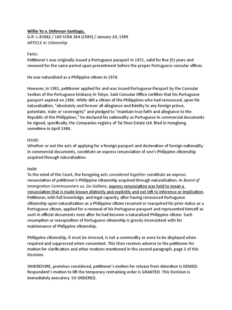 Willie Yu V Defensor Santiago Citizenship | PDF | Naturalization ...